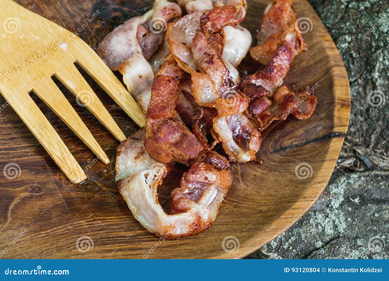 Stack of Fried Bacon Strips in Wooden Bowl. Stock Photo - Image of pork ...