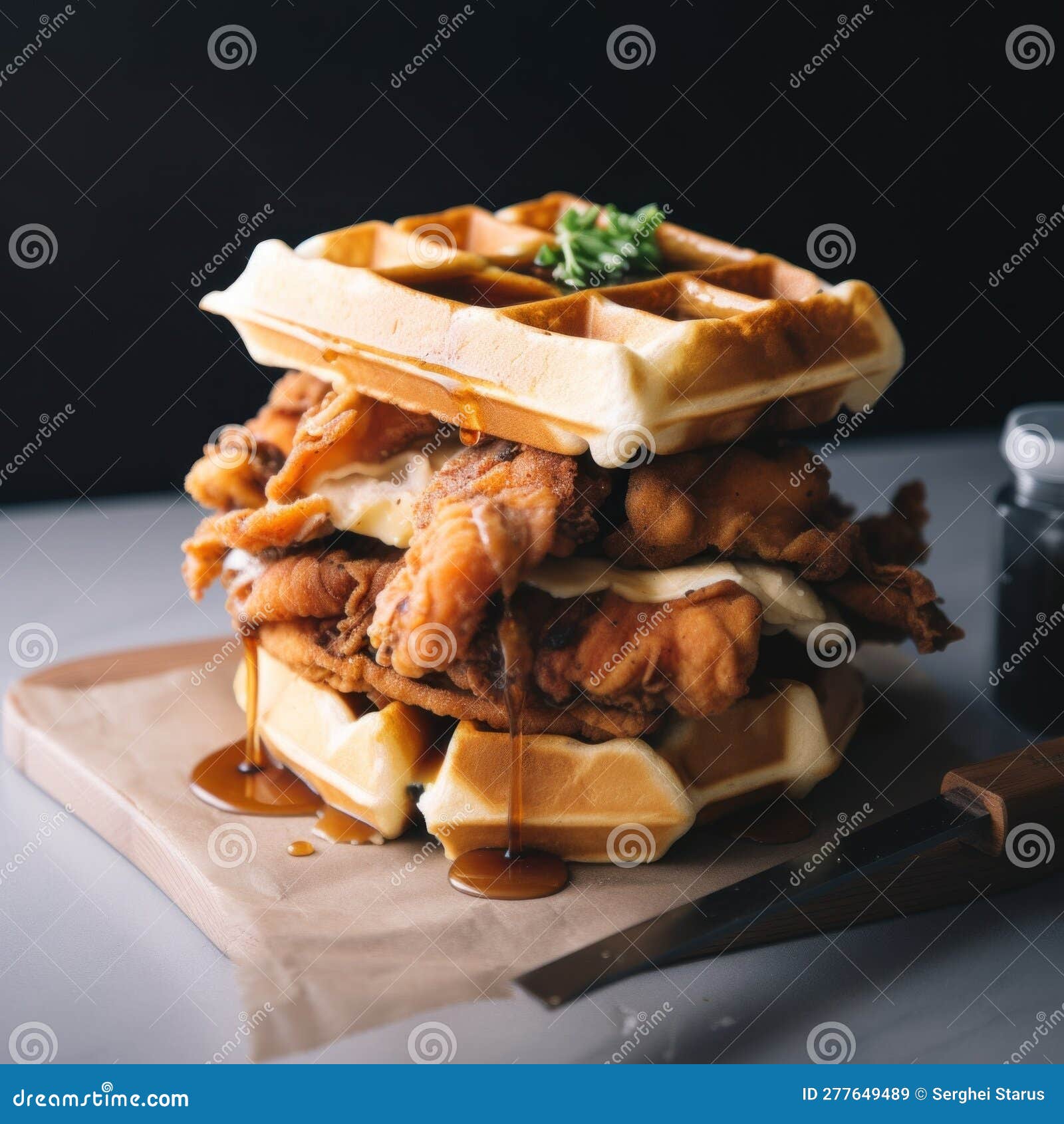 A Stack Of Fried Chicken And Waffles On A Cutting Board. Generative AI ...