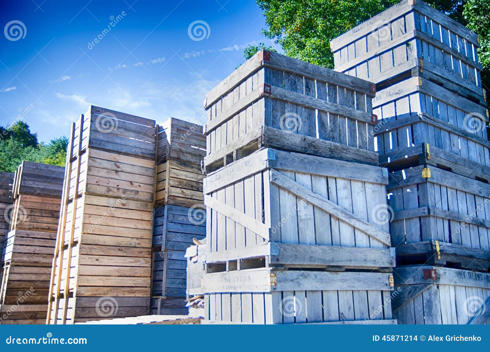 Stack of Fruit Boxes Crates Sit Outside a Warehouse Stock Photo - Image ...