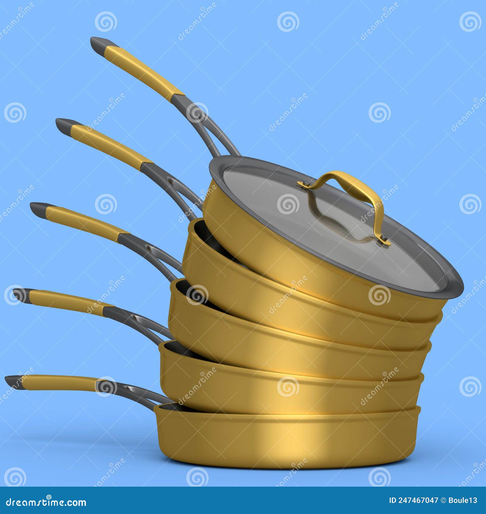 Stack of Frying Pan with Glass Lid on Blue, Non-stick Kitchen Utensils ...