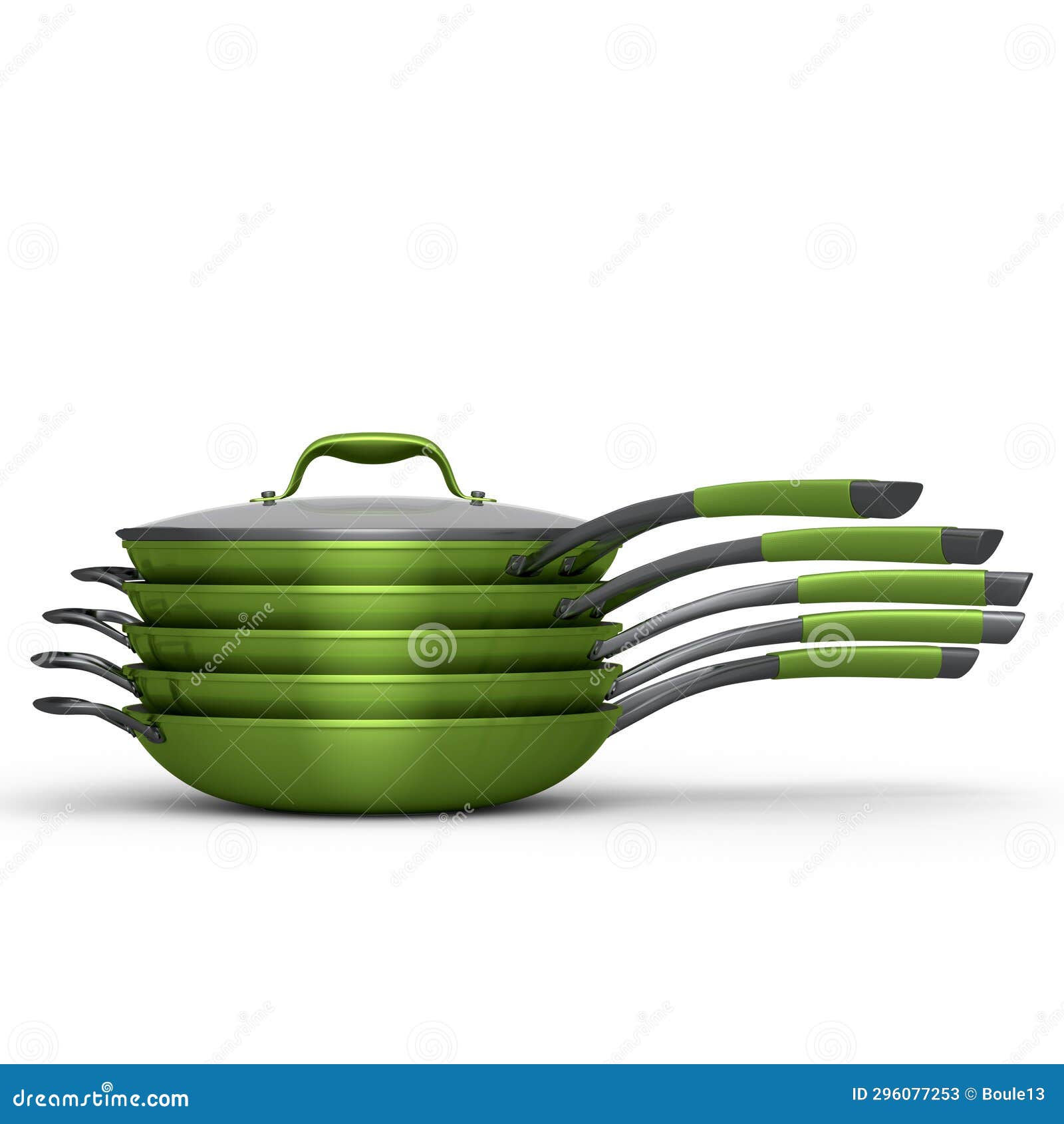 Stack of Frying Pan with Glass Lid on White, Non-stick Kitchen Utensils ...