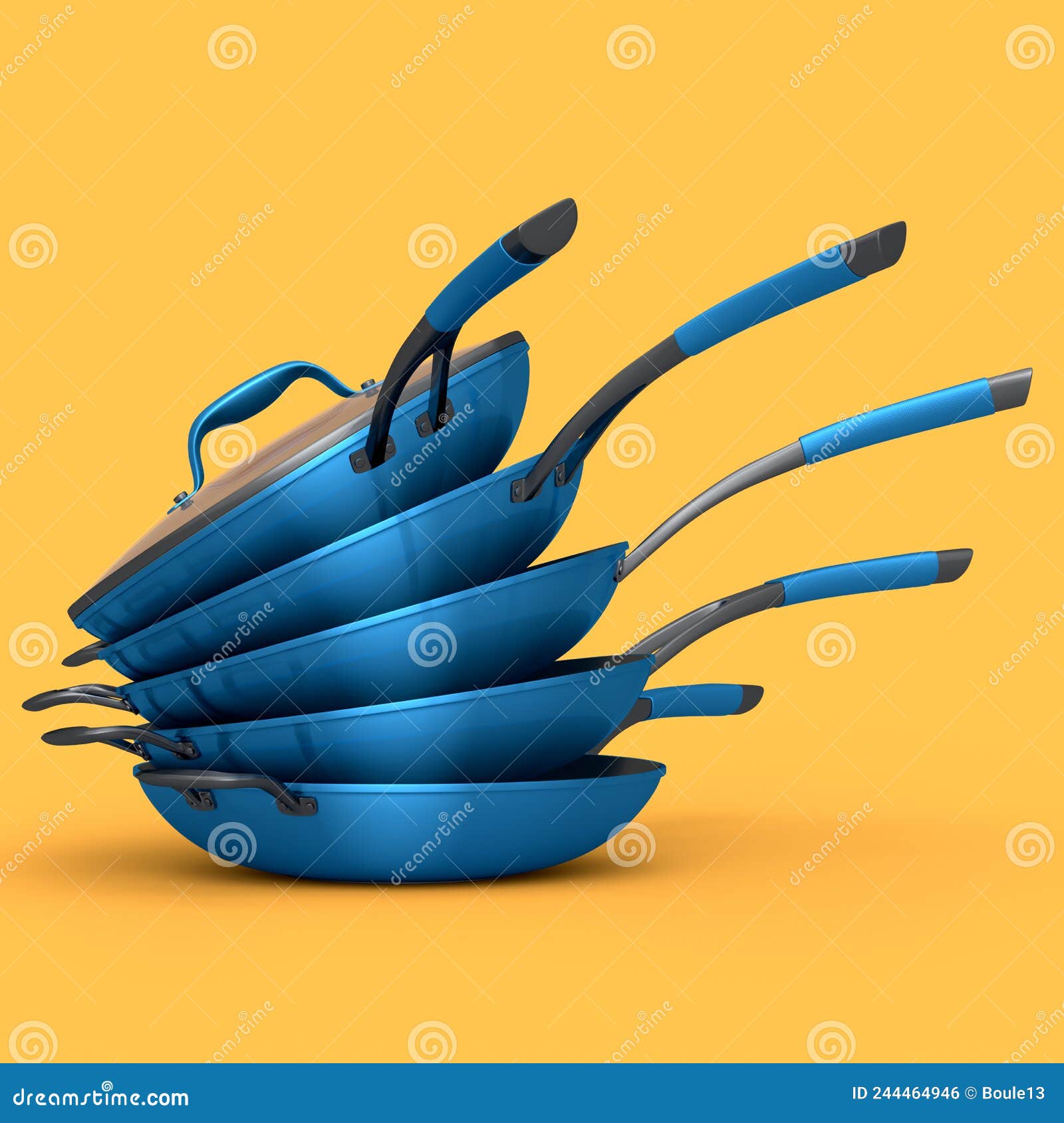 Stack of Frying Pan with Glass Lid on Yellow, Non-stick Kitchen ...