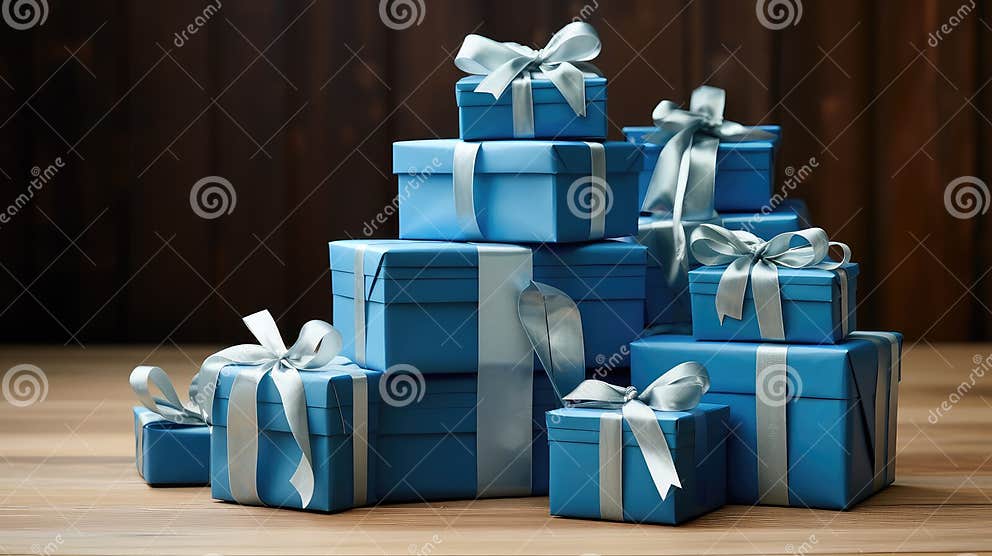 Stack gift box blue stock illustration. Illustration of tied - 336251536