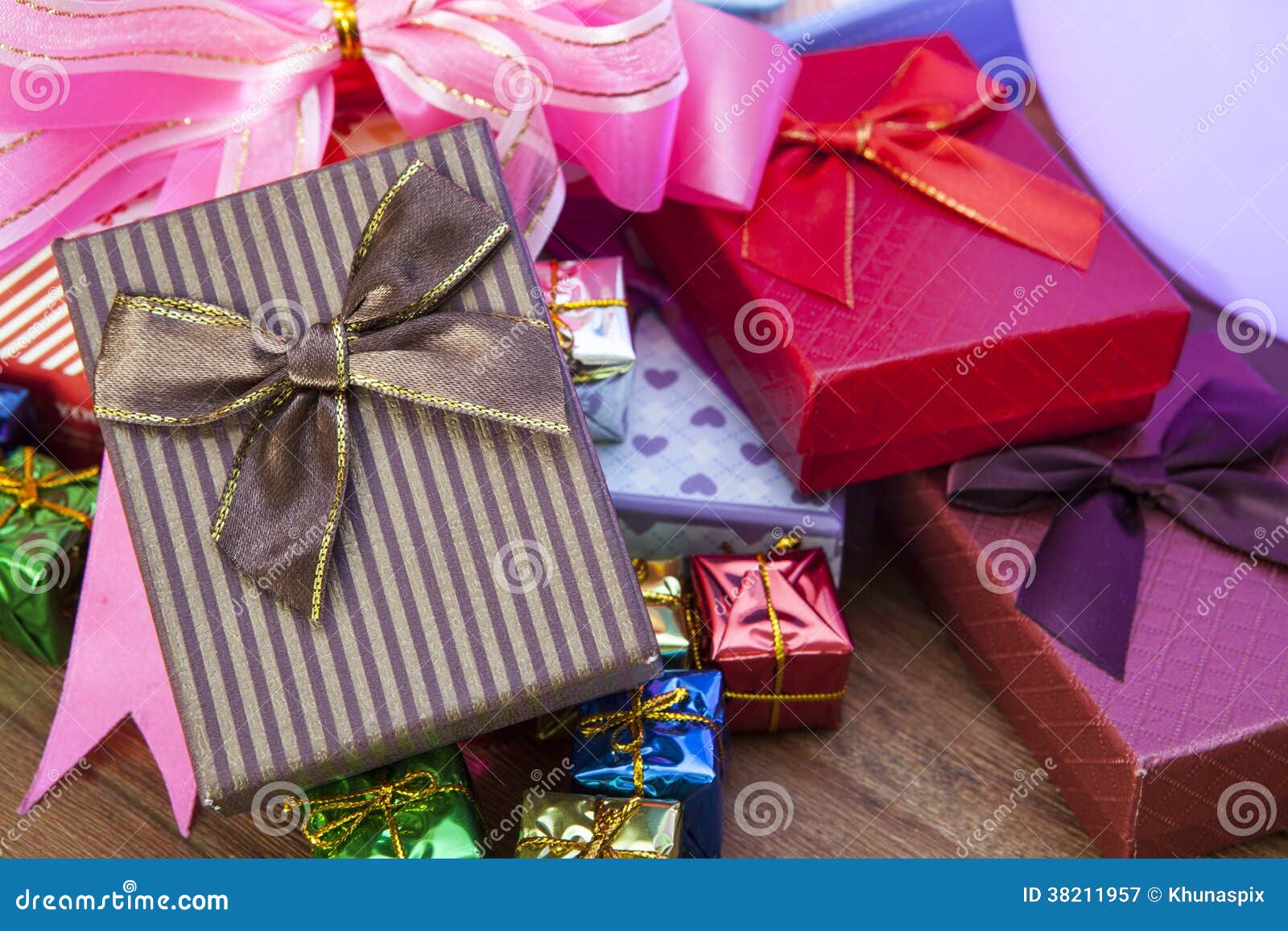 Stack of Gift Box Lying on Top Wood Table Use for Gift Festival Stock ...