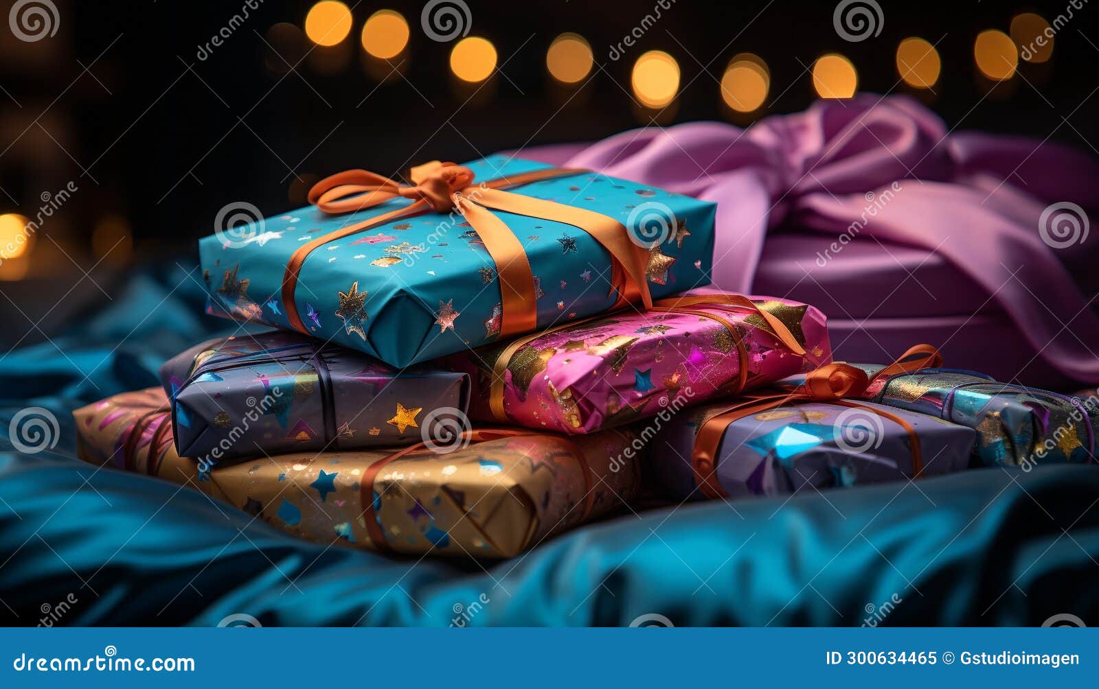 A Stack of Gift Boxes Illuminated with Shiny Christmas Lights Generated ...