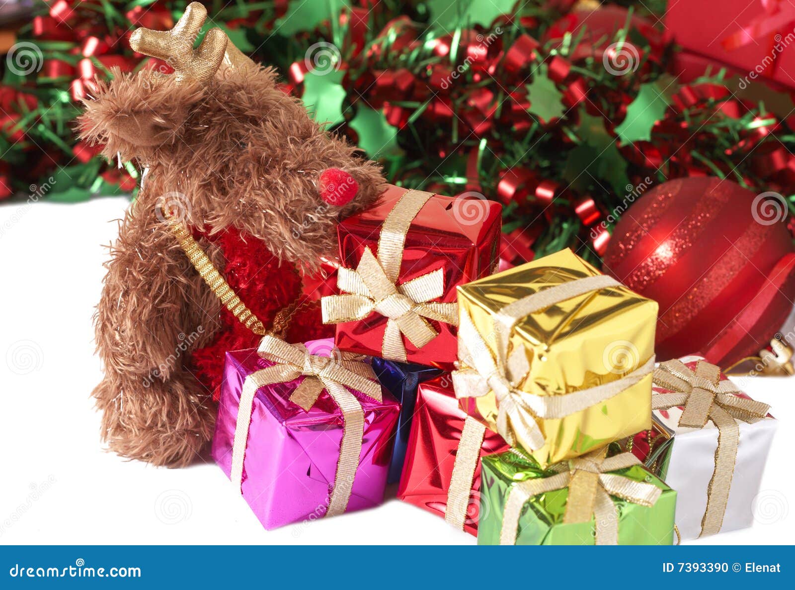 Stack of Gift Boxes, Tinsel and Moose Stock Photo - Image of package ...