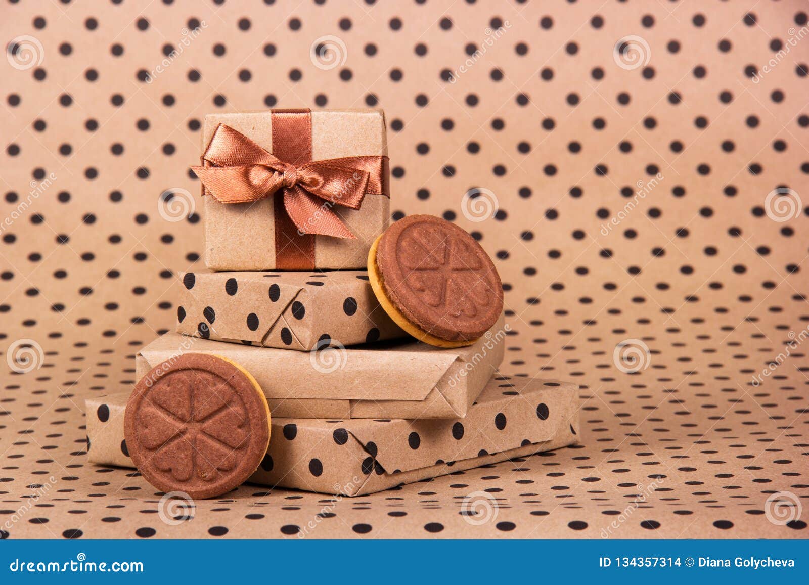 Stack of Gifts and Cookies Hearts. Gift Boxes. Festive Decorations ...