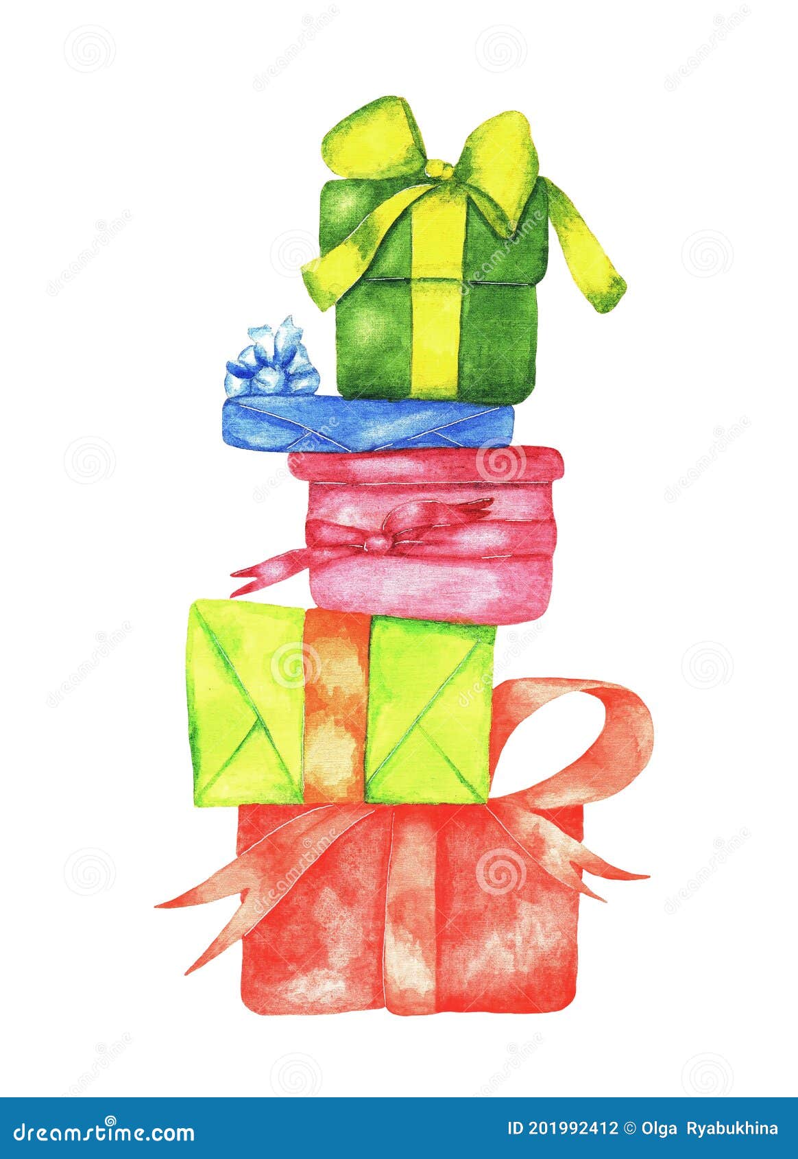 Stack of gifts, watercolor stock illustration. Illustration of package ...