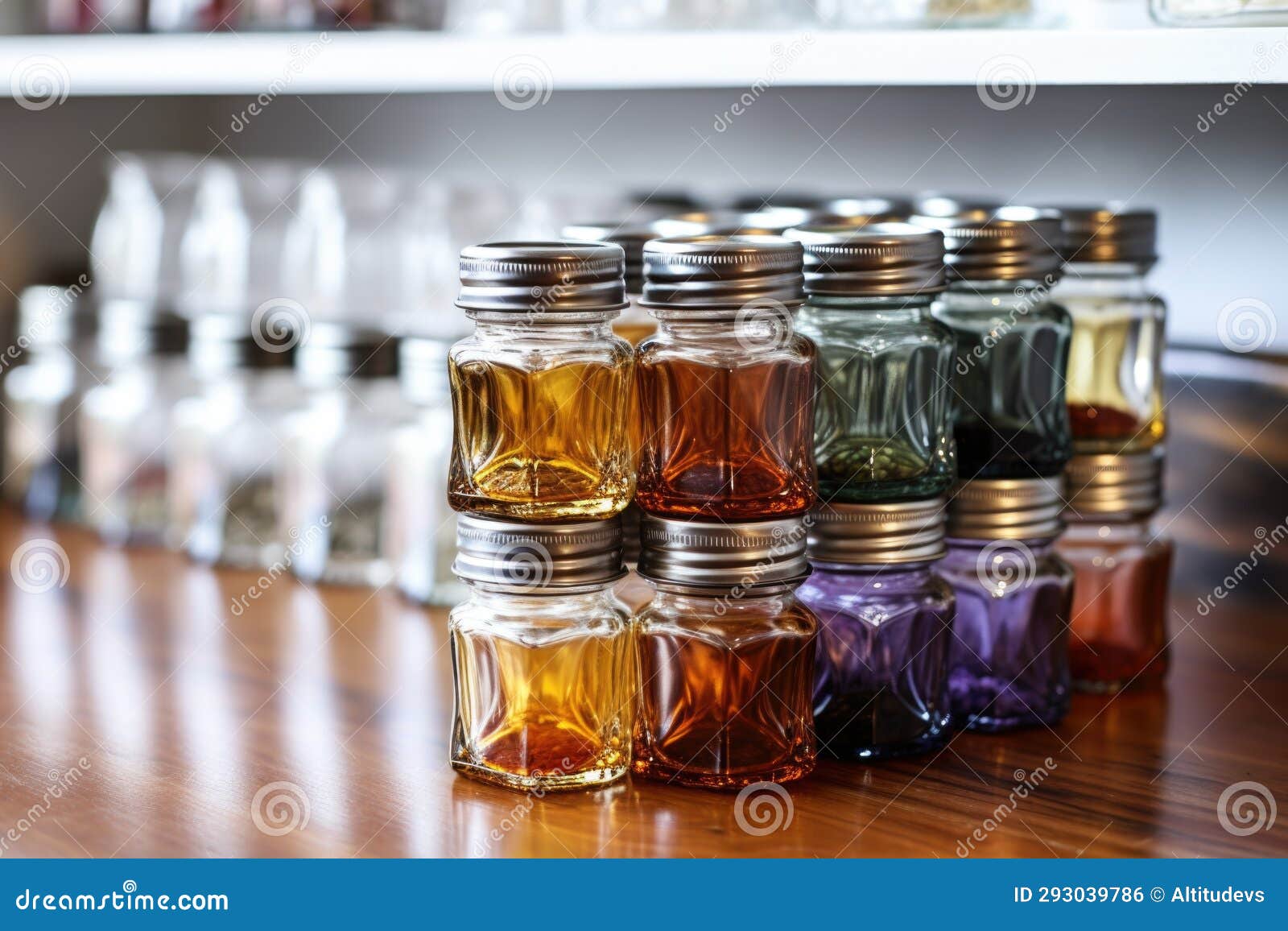 Stack of Glass Spice Jars on a Pantry Shelf Stock Photo - Image of ...