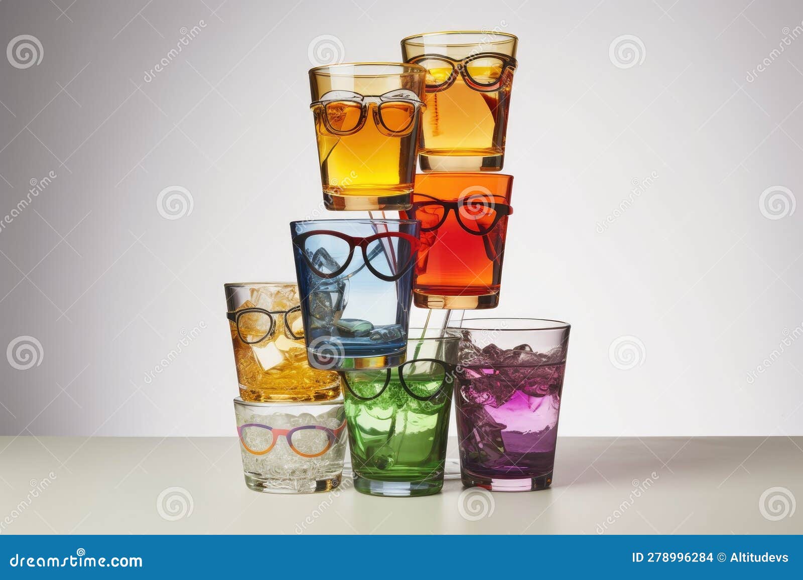 Stack of Glasses, Each with Unique and Creative Beverage Art Design ...