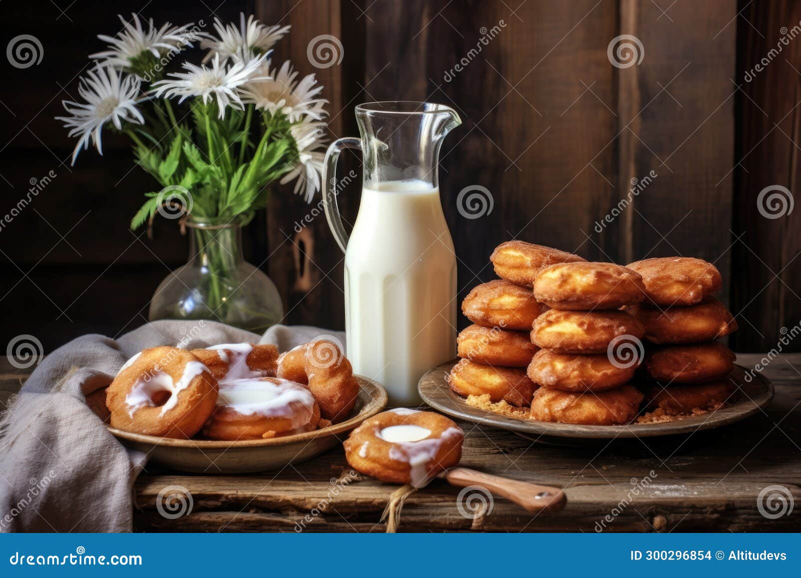 A Stack of Glazed Donuts with a Glass of Milk on a Rustic Table Stock ...