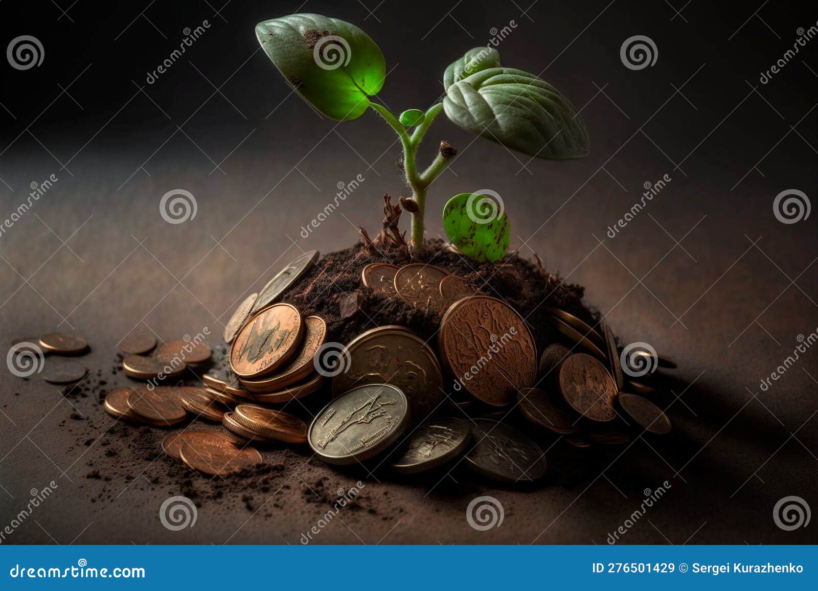 From a Stack of Gleaming Coins Emerges a Vibrant Green Sprout ...
