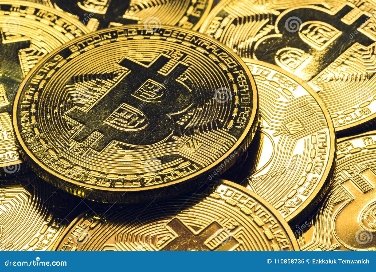 Stack of Gold Bitcoins with Gold Background and Business and Finance ...