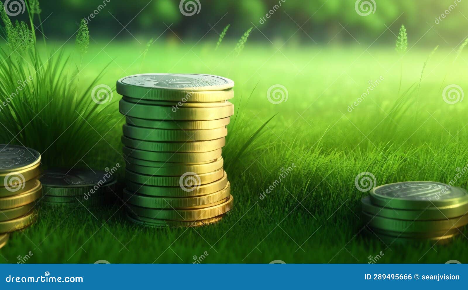 Stack of Gold Coins on Green Grass Background Stock Illustration ...