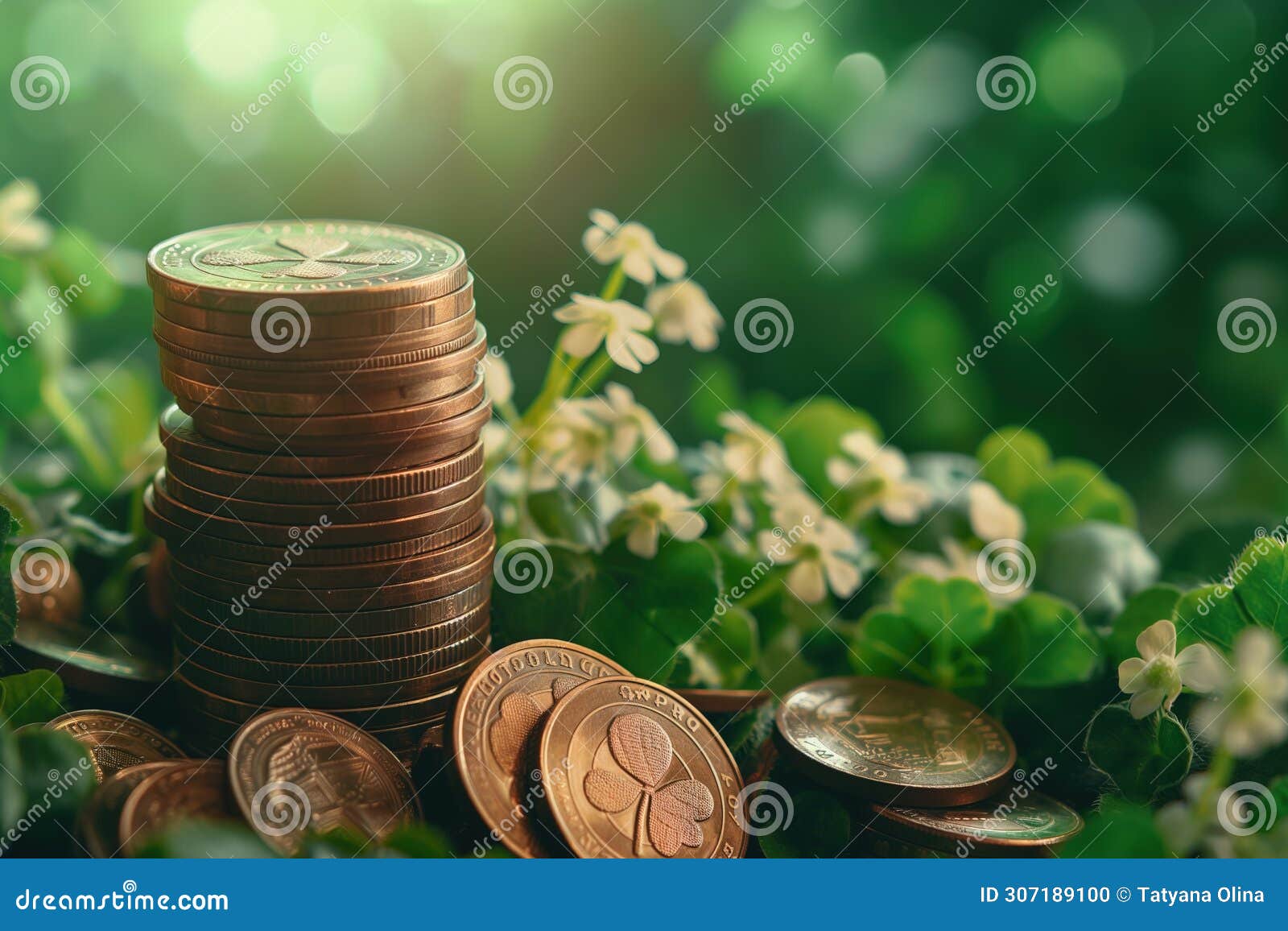 Stack of Gold Coins with Irish Forest Background Stock Photo - Image of ...