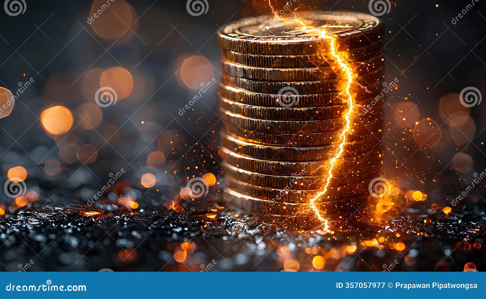 Stack of Gold Coins with Lightning Bolt Splitting through Them ...