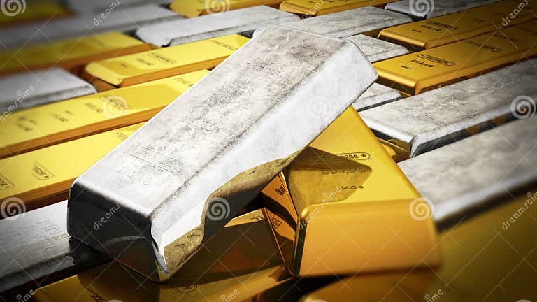 Stack of Gold and Silver Ingots. 3D Illustration Stock Illustration ...