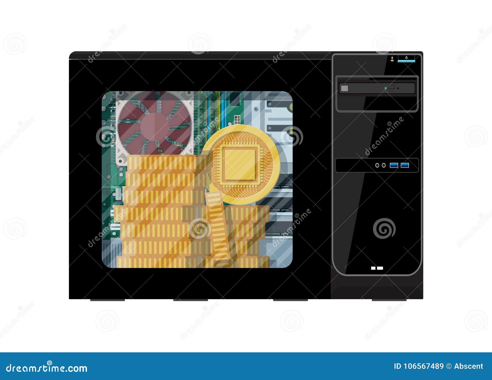 Stack of Golden Coin Inside of Computer Case. Stock Vector ...