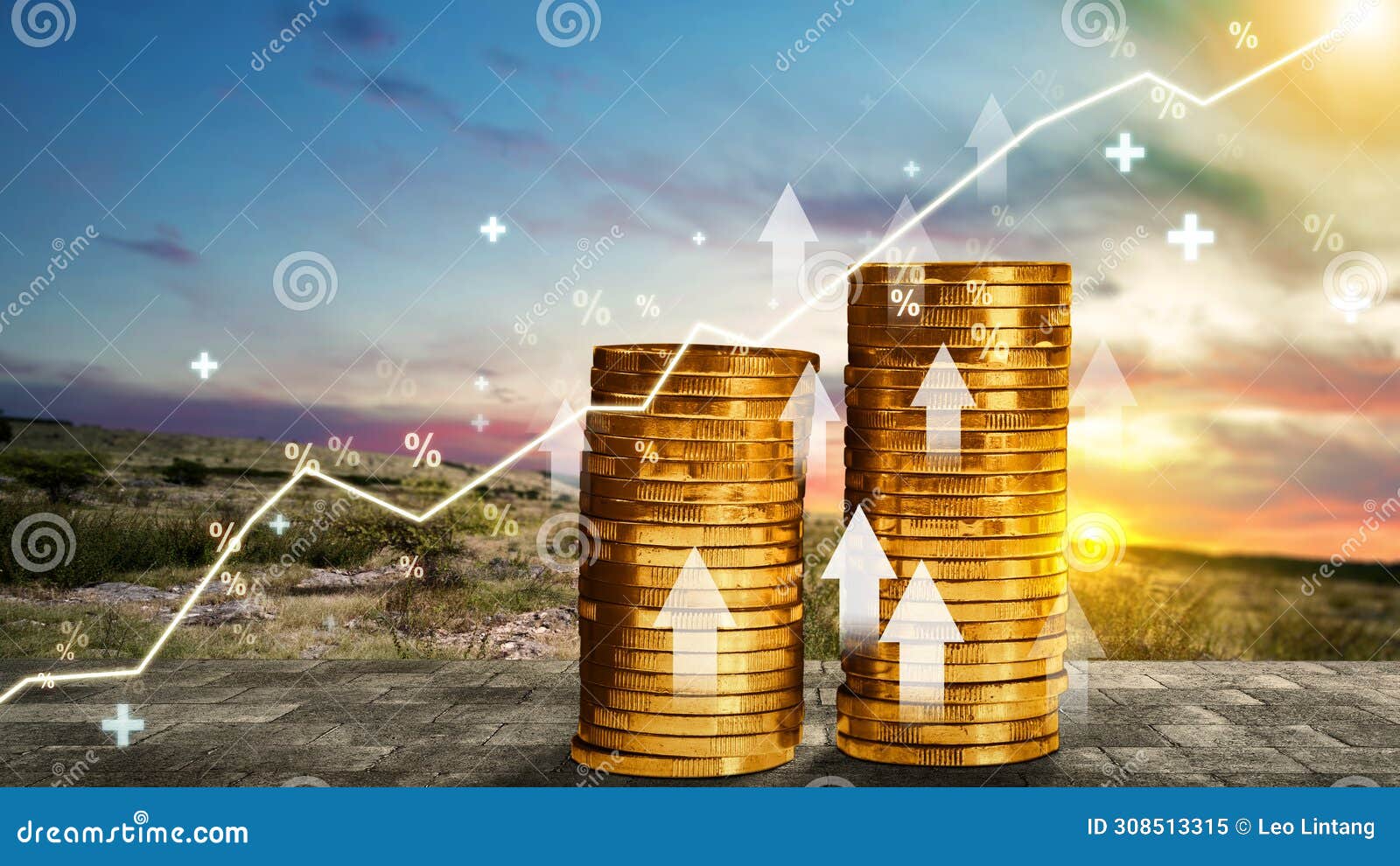 Stack of the Golden Coin with Rising Inflation Graph Arrow Stock Image ...