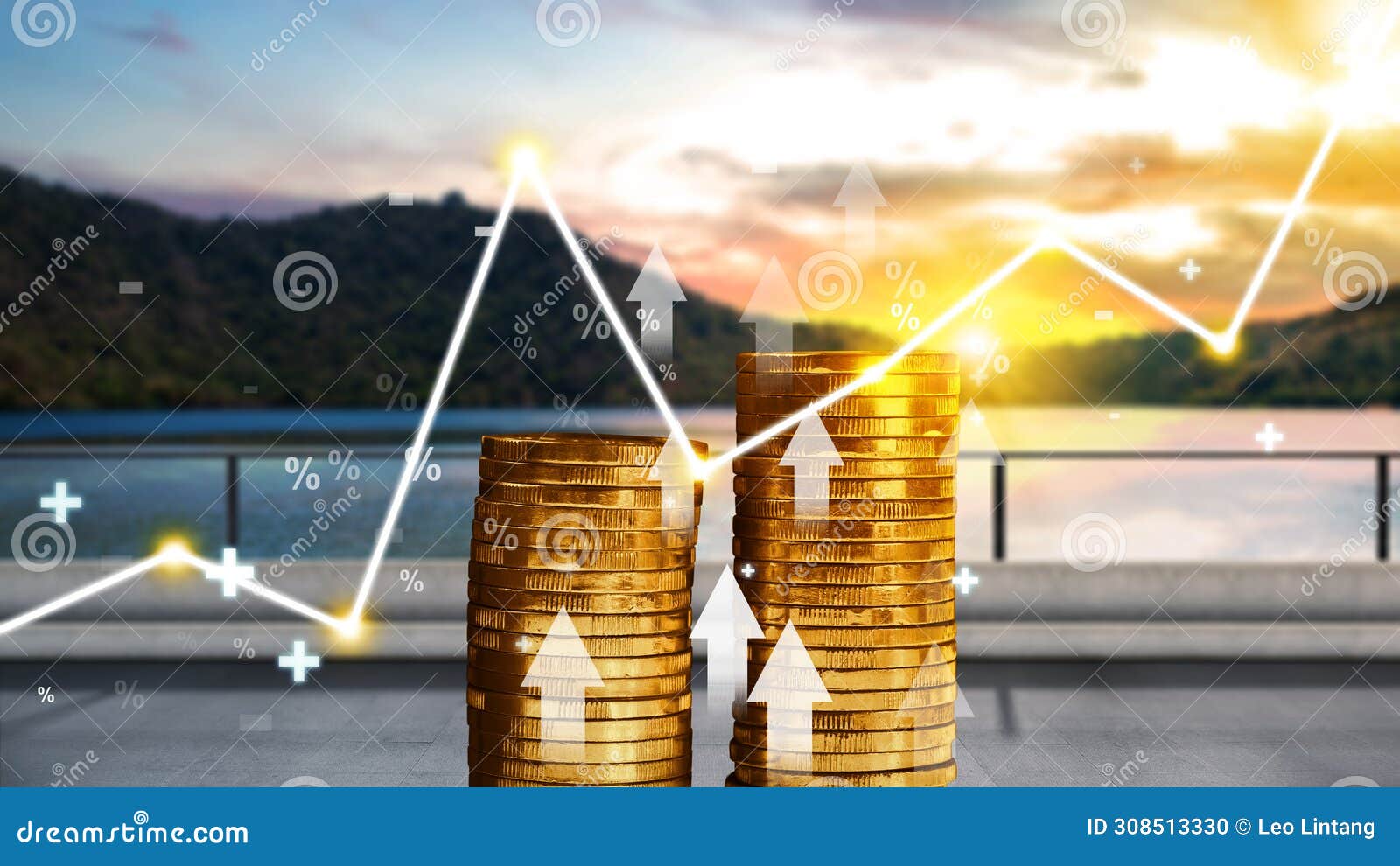 Stack of the Golden Coin with Rising Inflation Graph Arrow Stock Photo ...