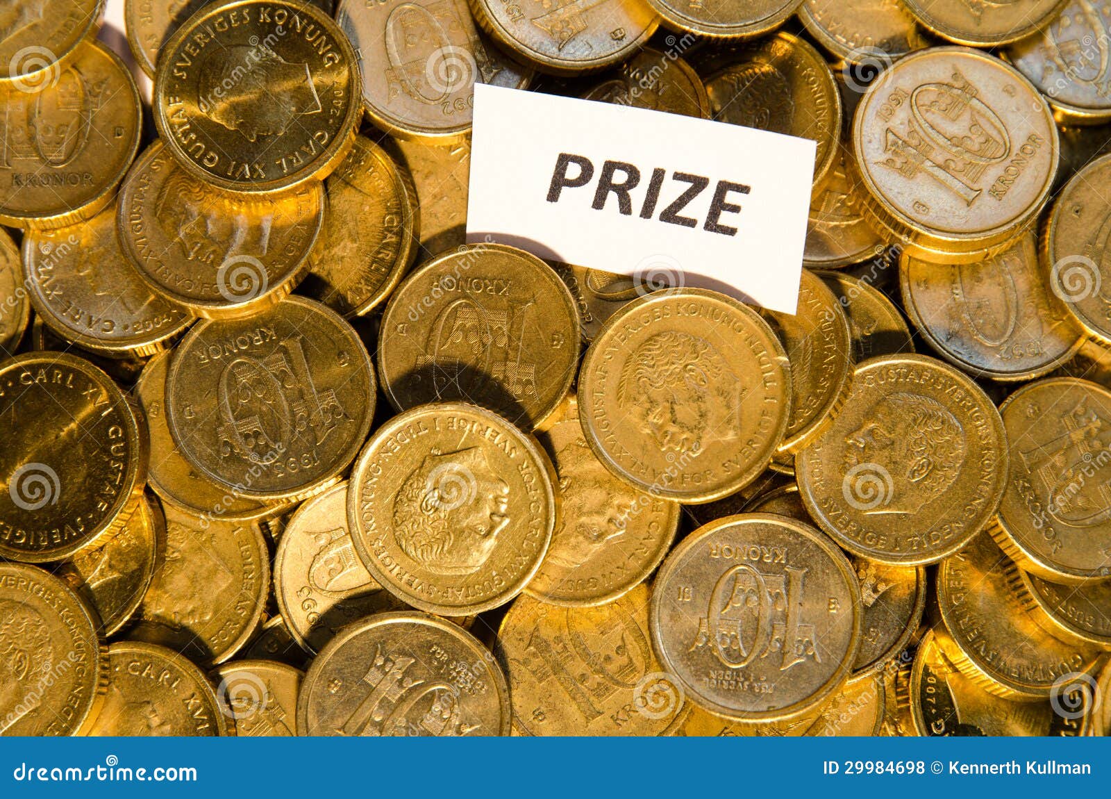 Prize Sign At A Stack Of Golden Coins Stock Photo - Image of collection ...