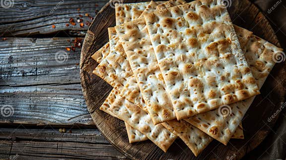 Crispy Flatbread Stacked on a Rustic Wooden Table with Scattered Spices ...