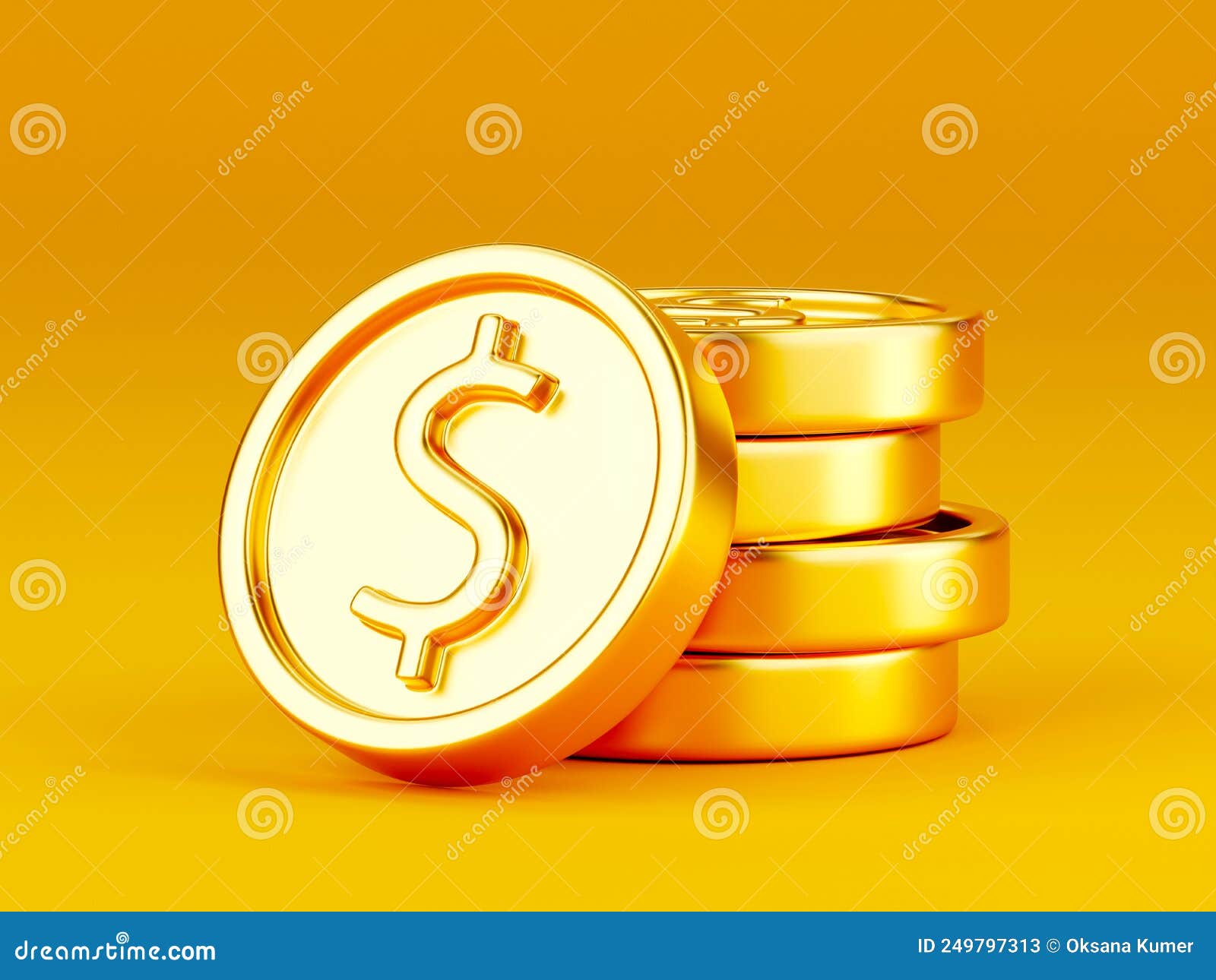 Stack of Golden Dollar Coins on Bright Yellow Background Stock ...