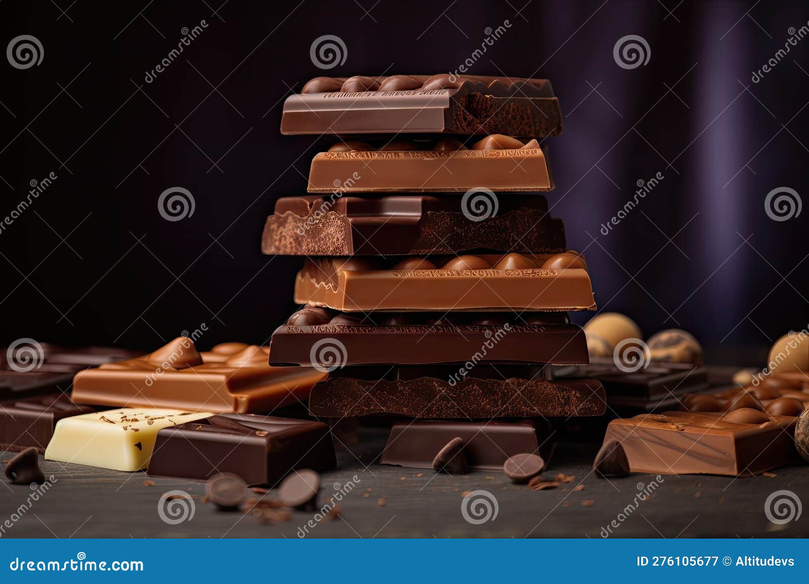 Stack of Gourmet Chocolate Bars, Each with Different Flavor and Texture ...