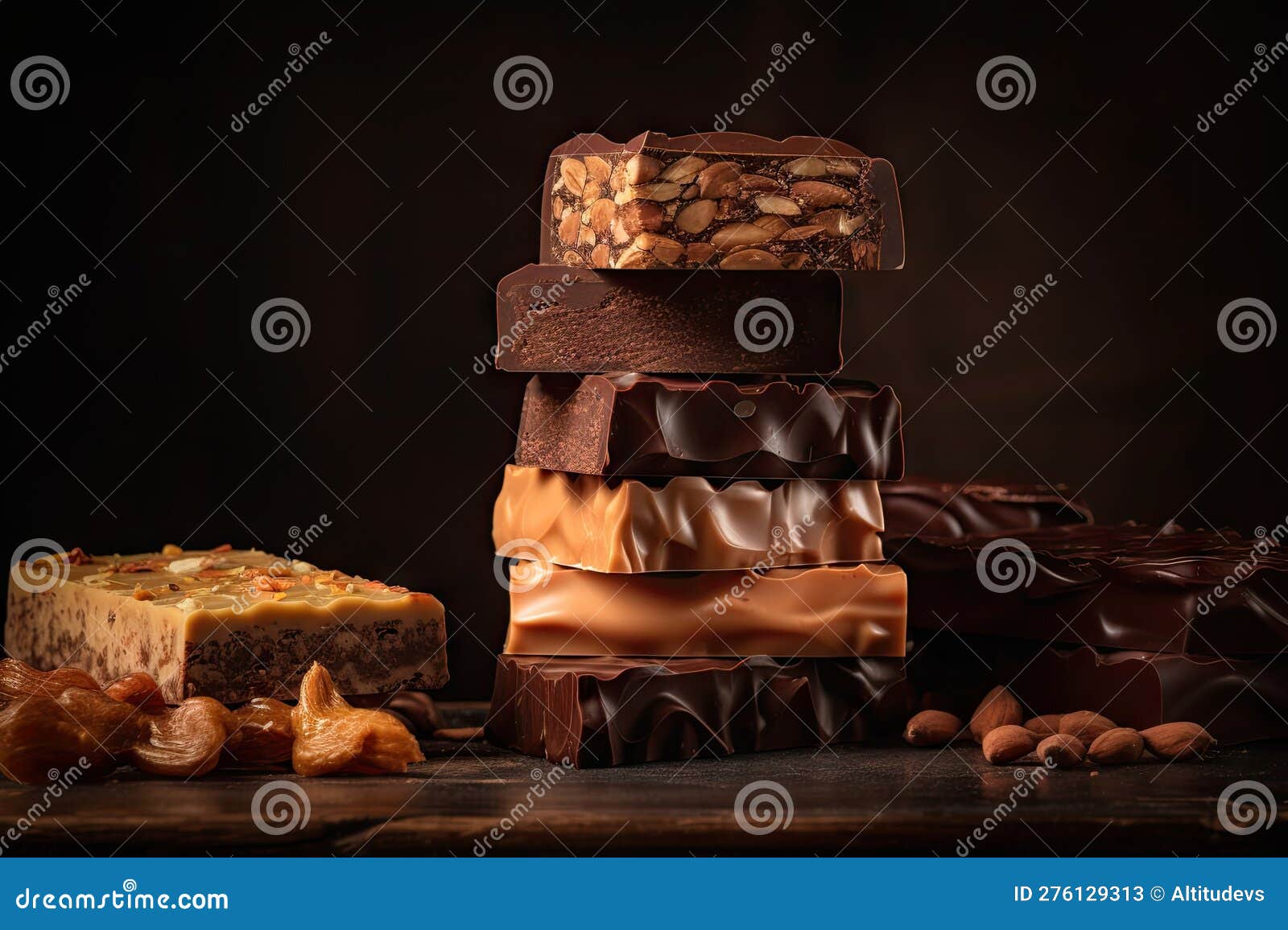 Stack of Gourmet Chocolate Bars, Each with Different Flavor and Texture ...