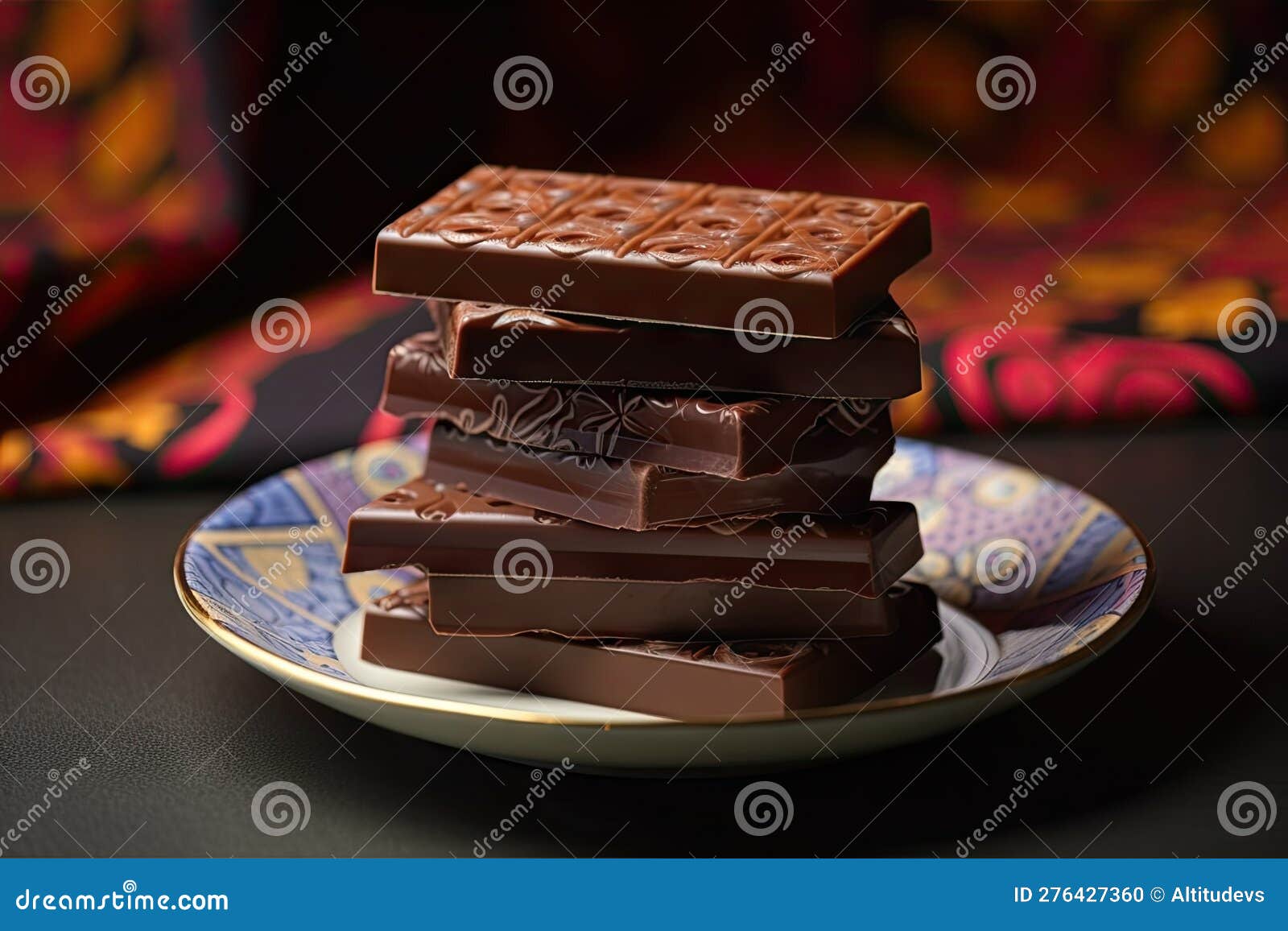 Stack of Gourmet Chocolate Bars, Nestled on Patterned Plate Stock Photo ...