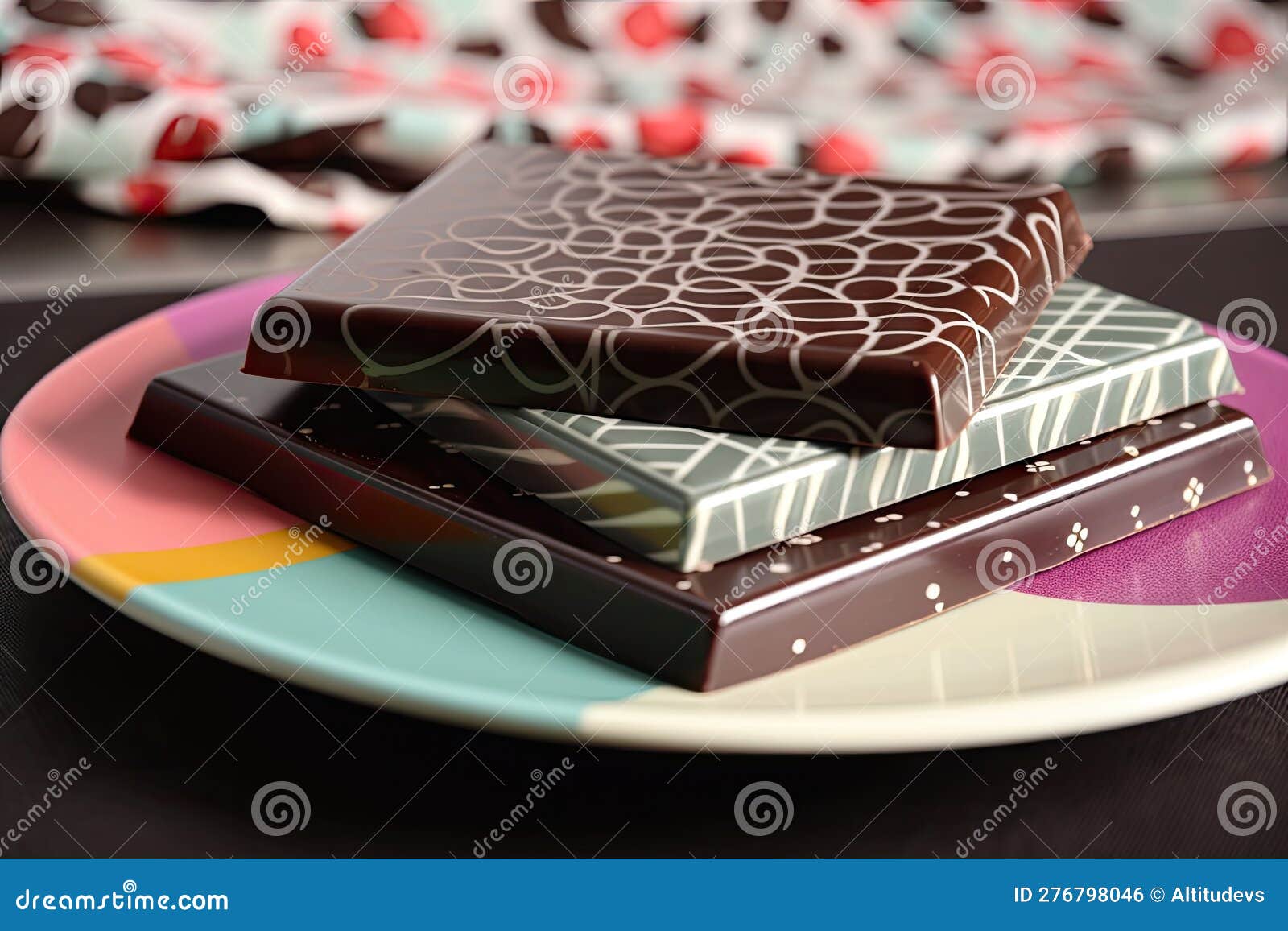 Stack of Gourmet Chocolate Bars, Nestled on Patterned Plate Stock ...