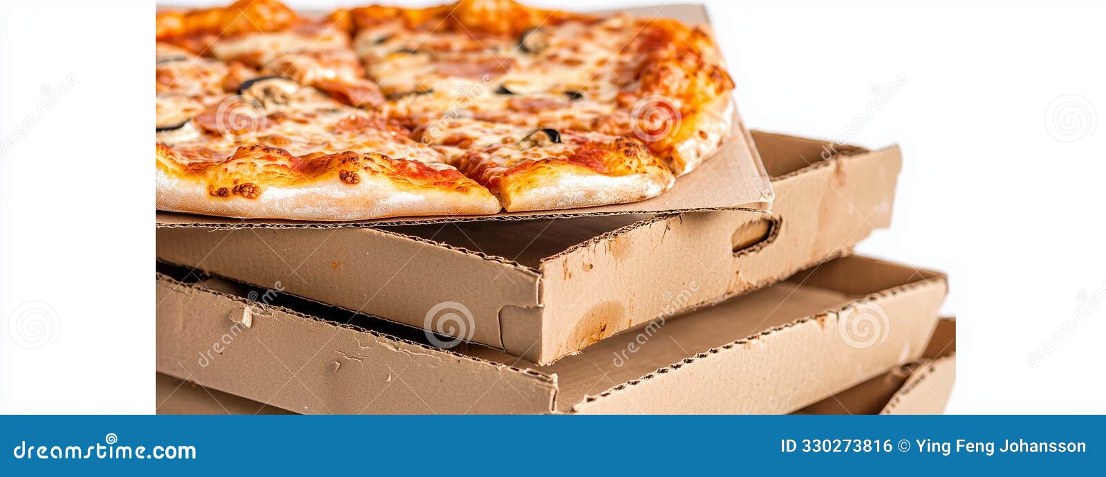 Stack of Greasy Carton Pizza Boxes with Sliced Pizza on Top. Isolated ...