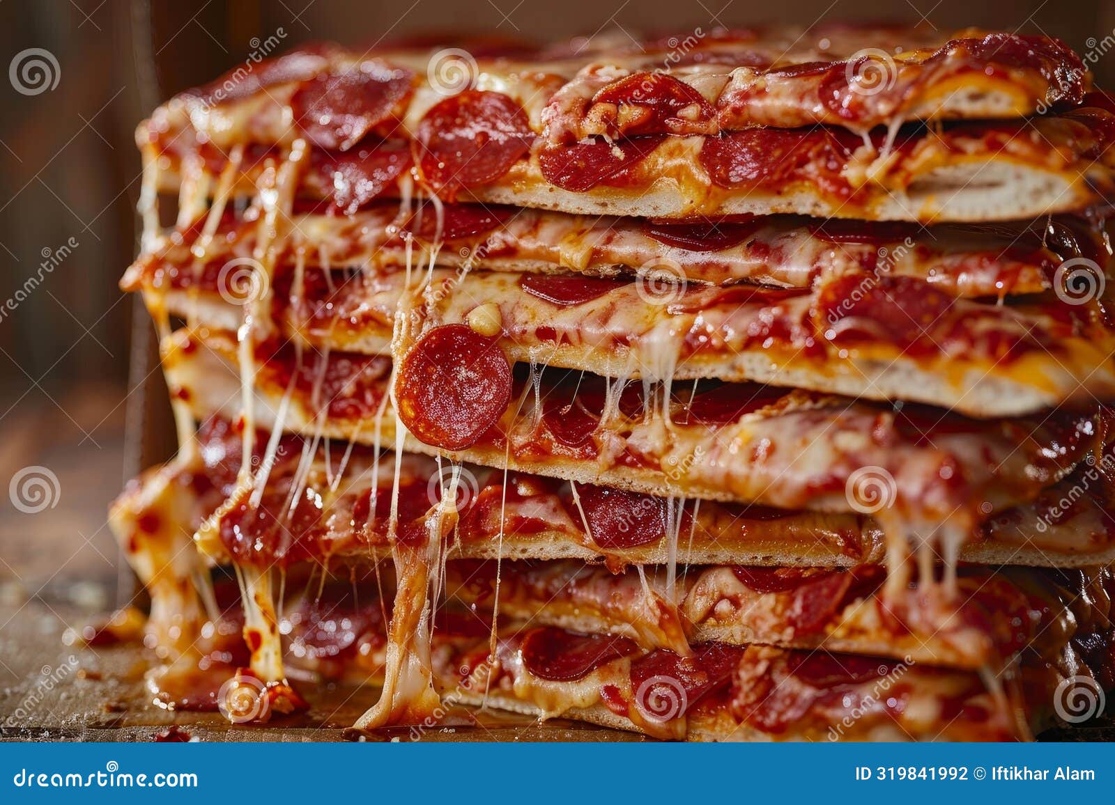 A Stack of Greasy Pepperoni Pizza Slices Arranged on a Weathered Wooden ...