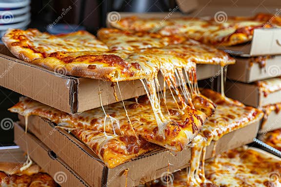 A Stack of Greasy Pizza Boxes with Missing Slices Piled on a Table ...
