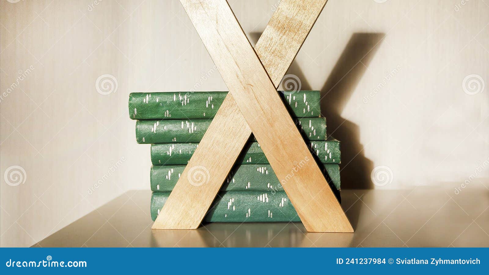 Stack of Green Books on White Background, Wooden Trendy Shelf Stock ...