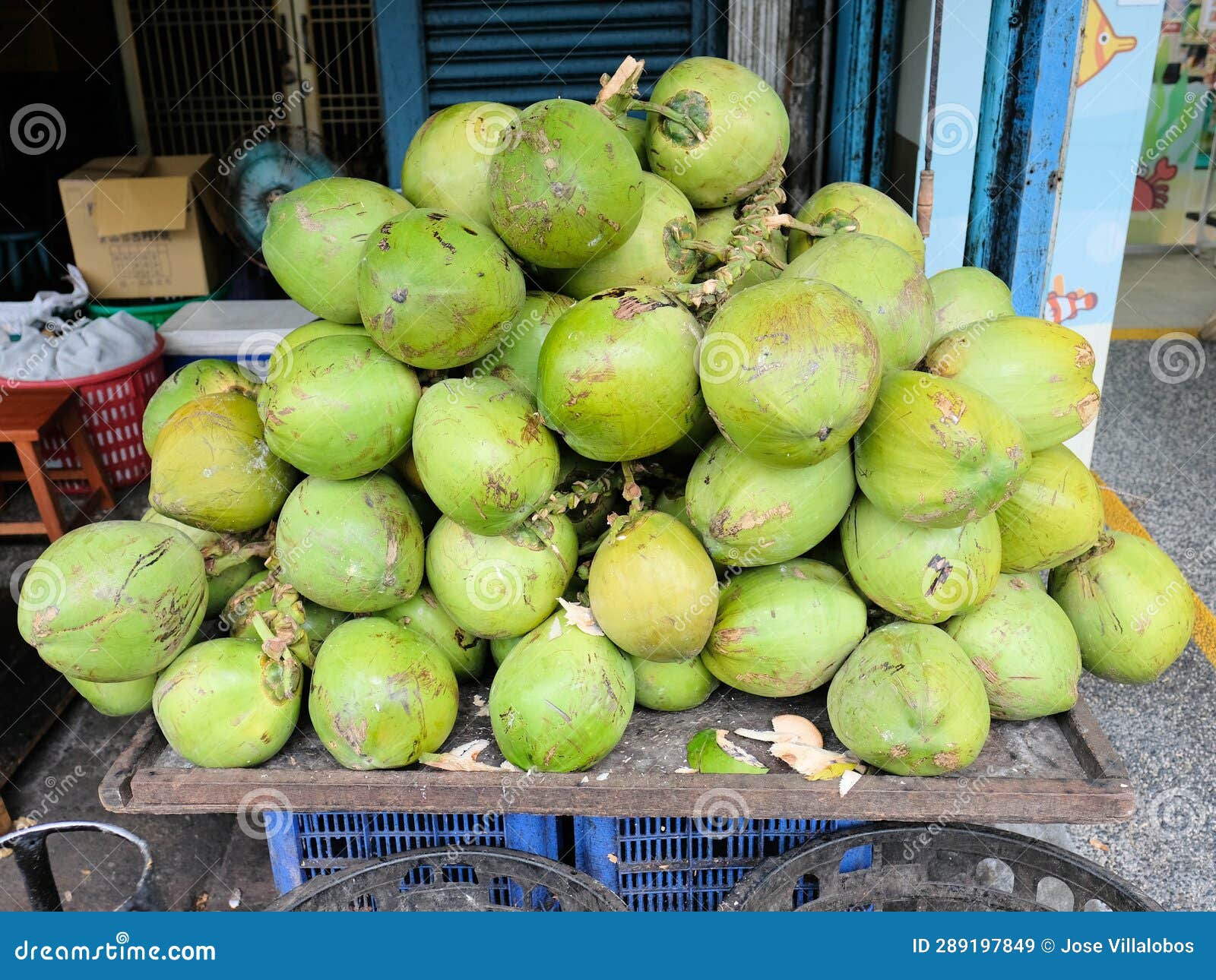 Stack of Green Coconuts on a Rustic Improvised Table Stock Image ...