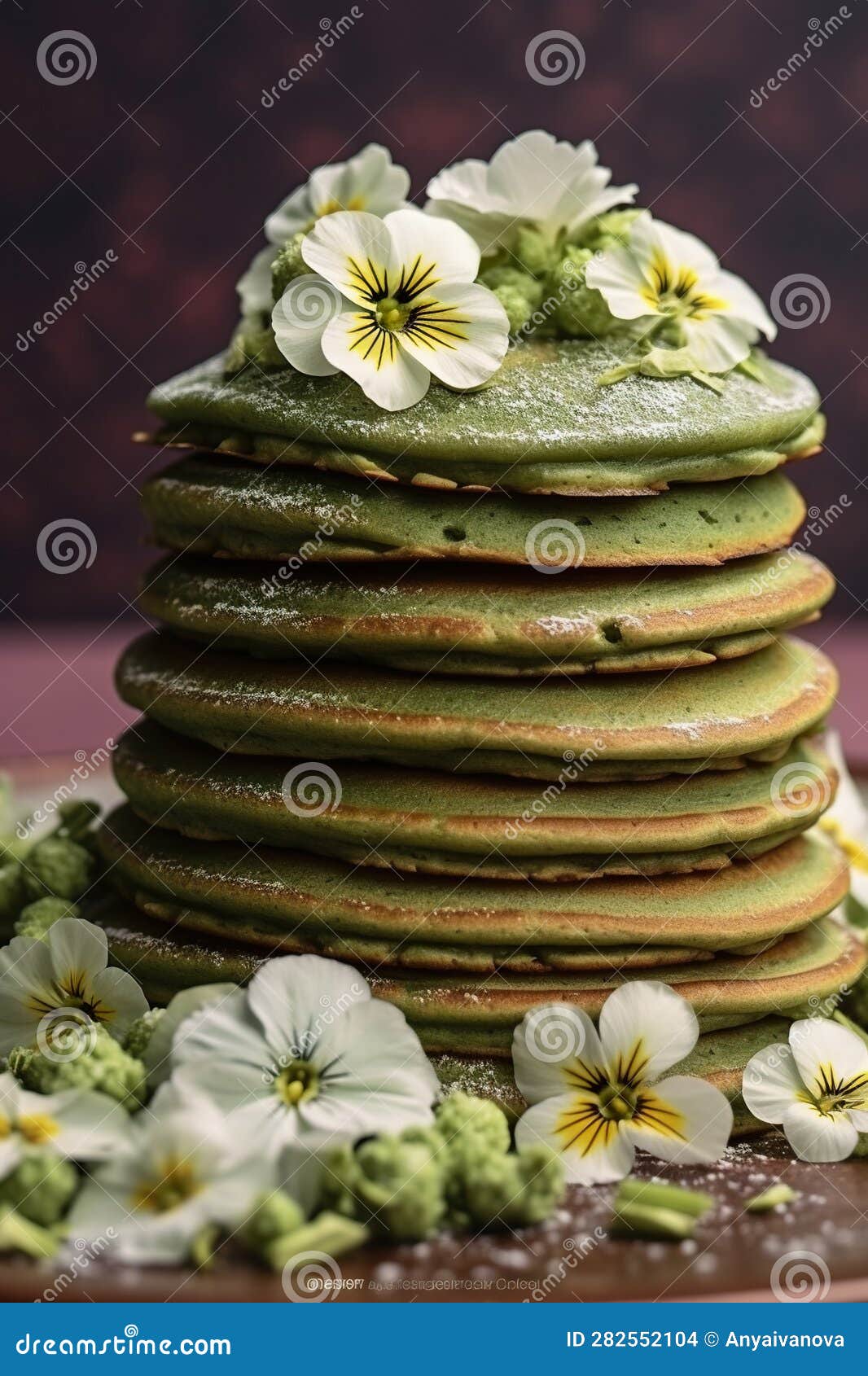 A Stack of Green Pancakes with Flowers on Top. Generative AI Image ...