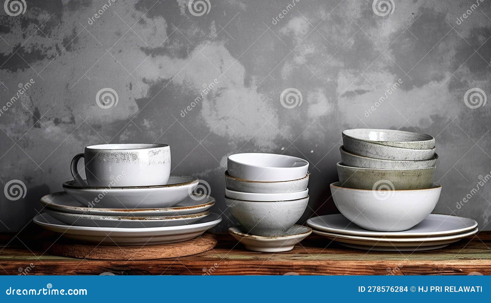 Stack of Grey Crockery on Rustic Wooden Table Against Shabby Gray Wall ...