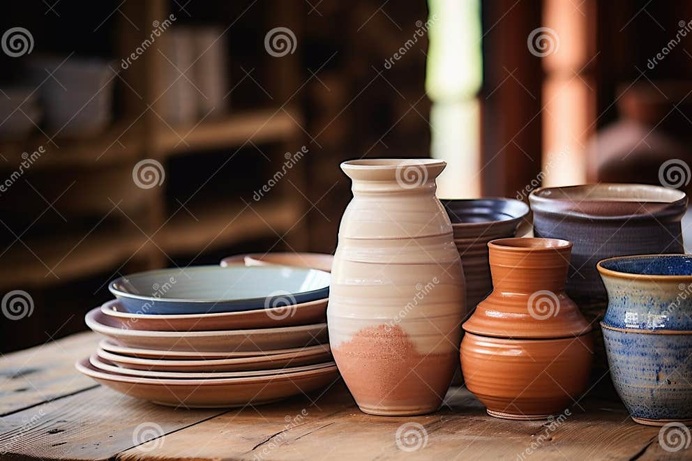 Stack of Handcrafted Pottery on a Wooden Table Stock Photo - Image of ...