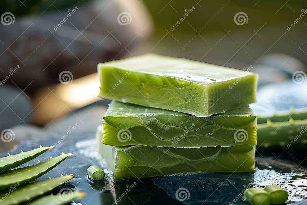 Stack of Handmade Aloe Vera Cold Processed Soap Bars Resting on Black ...