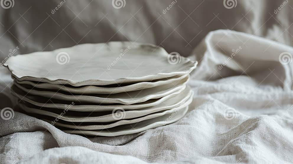 A Stack of Handmade Ceramic Plates with Uneven Edges, Placed on a Stock ...