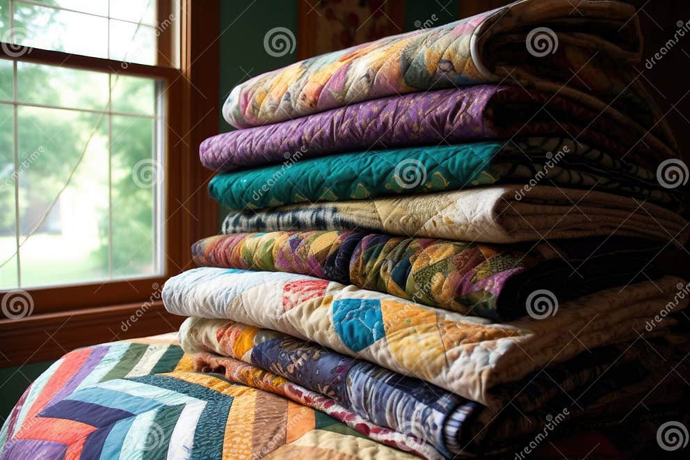 Stack of Handmade Quilts with Varying Patterns Stock Image - Image of ...
