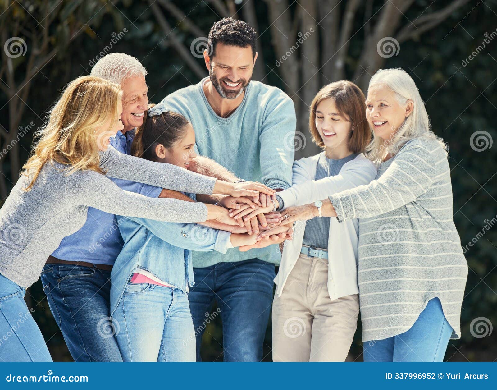 Stack of Hands, Nature and Family Generations with Unity, Support and ...