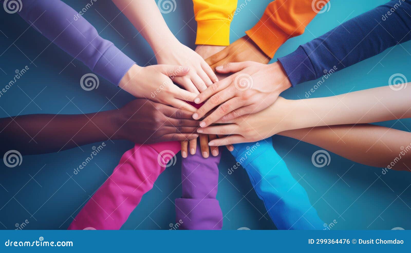 Stack of Hands Showing Unity and Teamwork, Office Background, Panorama ...