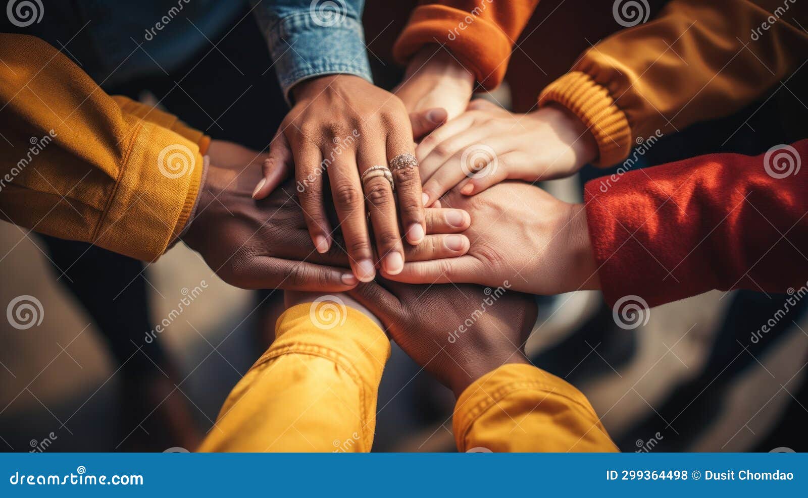 Stack of Hands Showing Unity and Teamwork, Office Background, Panorama ...