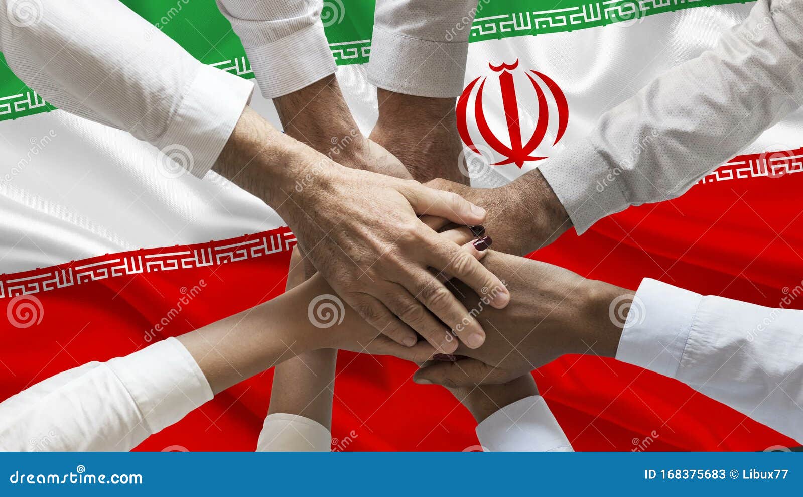 Stack of Hands Showing Unity and Teamwork Over Waving Iranian Flag ...
