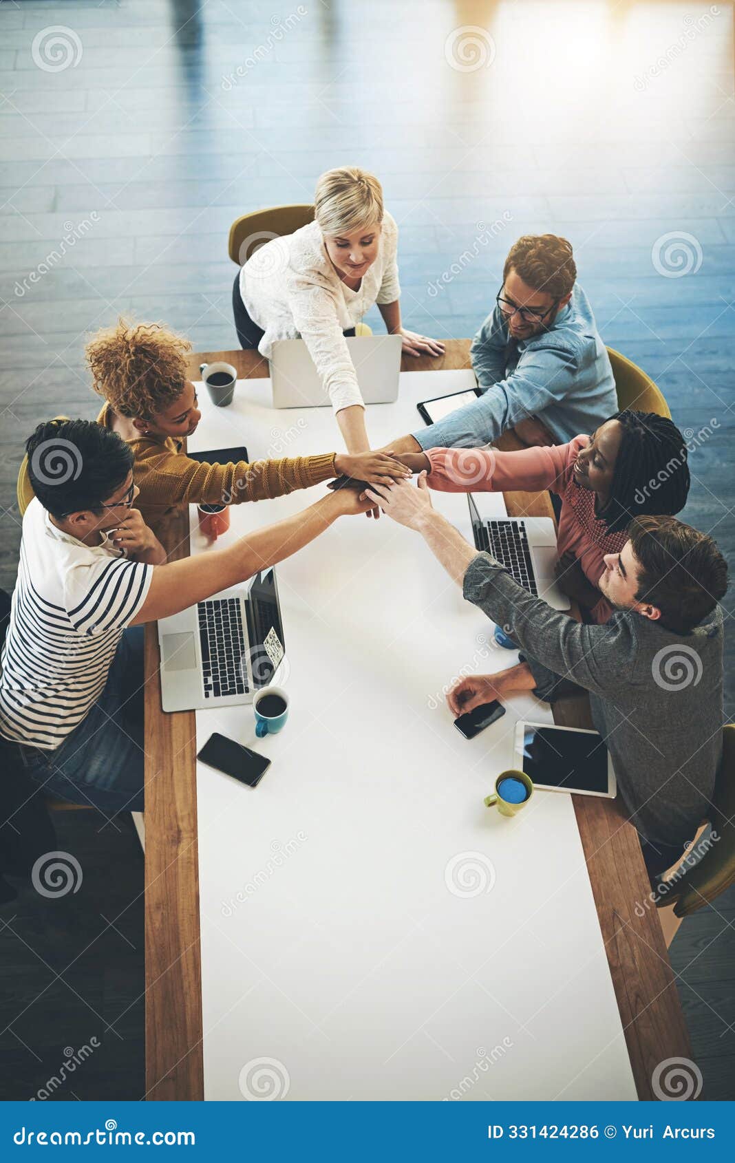 Stack of Hands, Teamwork and Business People in Boardroom at Office for ...