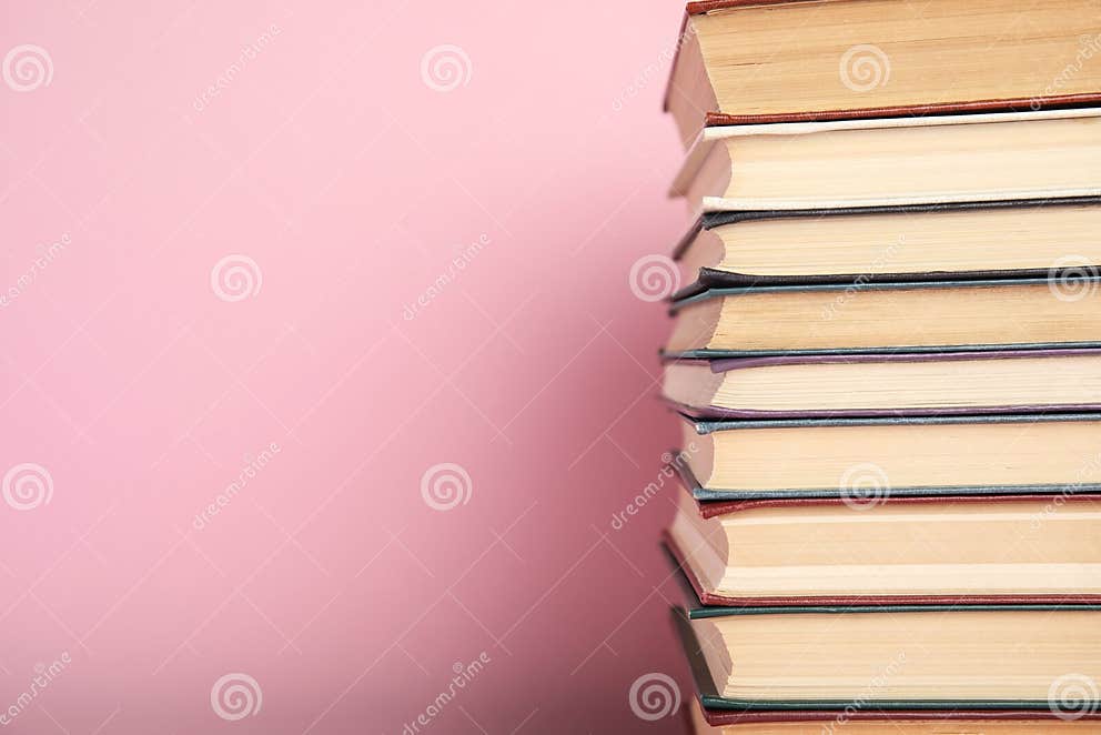 Stack of Hardcover Books on Pink. Space for Text Stock Image - Image of ...