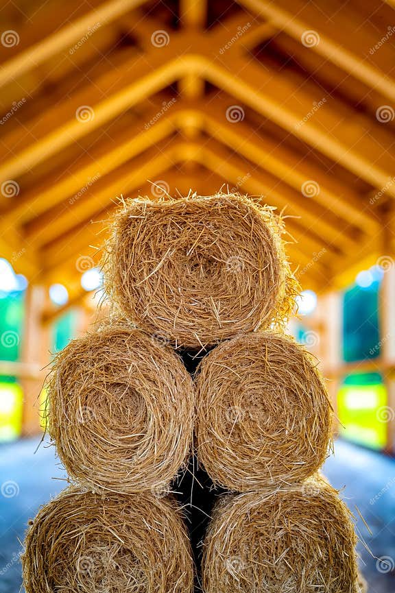 A Stack of Hay Bales Stacked on Top of Each Other in a Barn Stock Photo ...