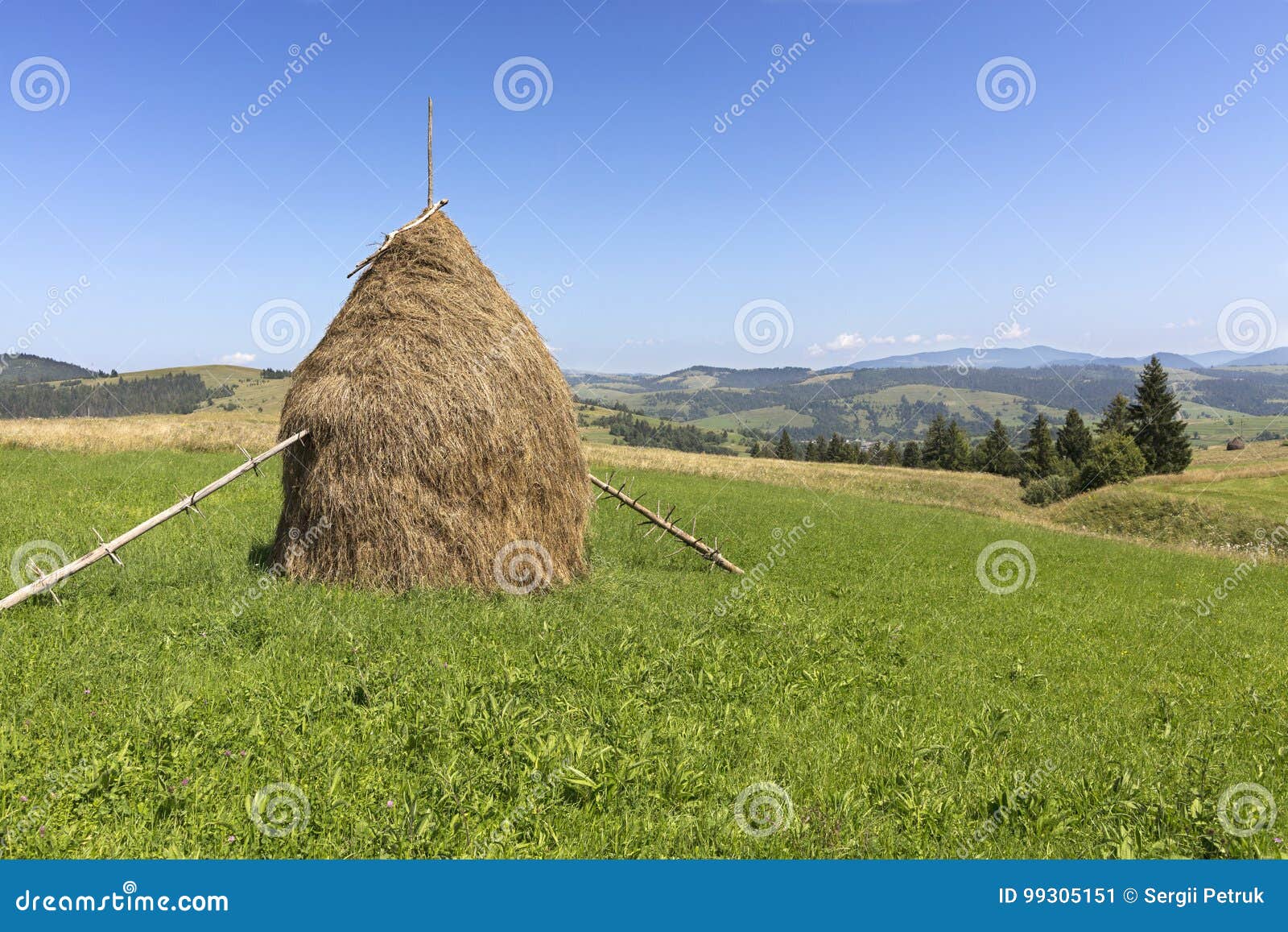 Stack of Hay on a Mountain Meadow on a Hillside. Stock Image - Image of ...